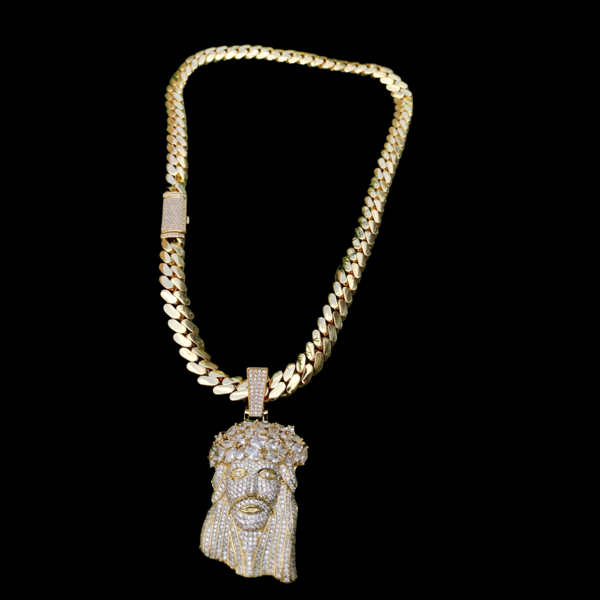 Gold plated Miami Cuban Link 12mm Chain CZ Diamond lock and Jesus piec ...